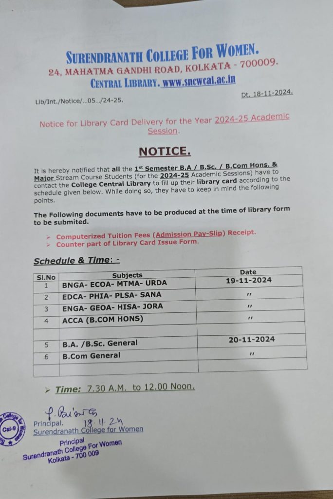 Notice form 1st Sem B.A/B.Sc./B.Com & Major Stream Course Students | Surendranath College for Women