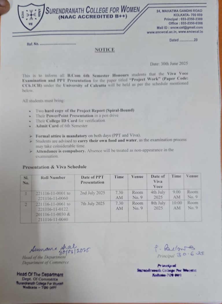 Notice for BCom Semester 6 Honours Students | Surendranath College for Women
