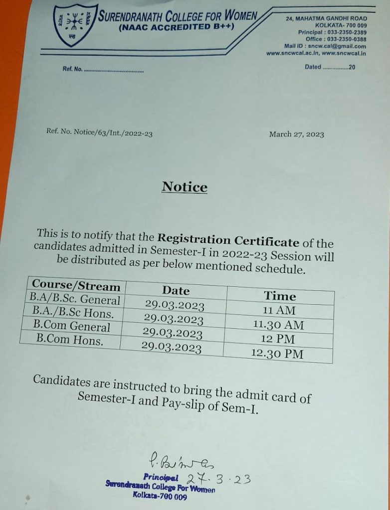 Notice regarding distribution of Registration Certificates to Semester ...