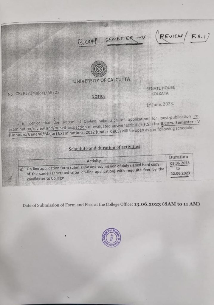 Notice for B.Com Semester-V Review | Surendranath College for Women